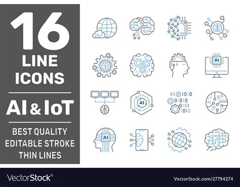 Artificial Intelligence And Iot Thin Icons Set Ai Vector Image
