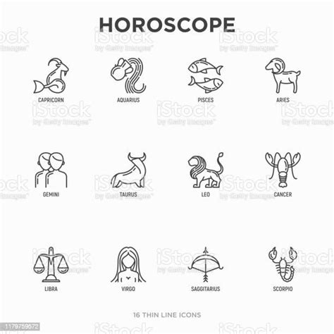 별자리 얇은 선 아이콘 세트입니다 조디악 징후 염소 자리 물병자리 양자리 물고기 자리 처녀 자리 처녀 자리 처녀 자리 천칭 자리 전갈 자리 궁수 자리 황소 자리 쌍둥이 자리