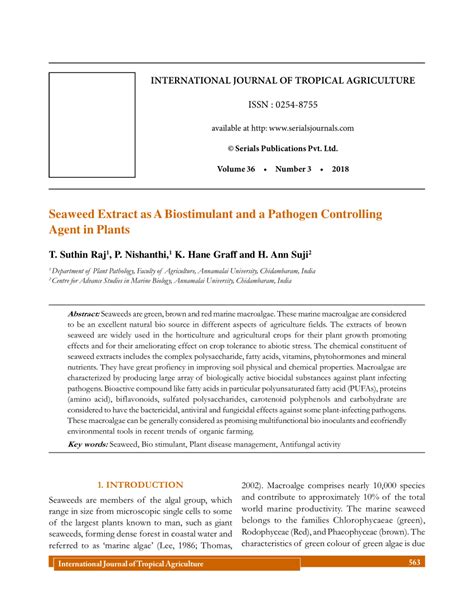 Pdf International Journal Of Tropical Agriculture Seaweed Extract As A Biostimulant And A