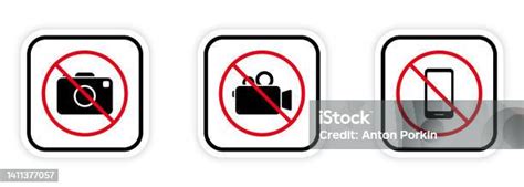 사진 금지 구역 아이콘입니다 아니 비디오 사진 카메라 휴대 전화 블랙 실루엣 금지 아이콘 세트 카메라 금지 빨간색 정지 기호를 기록하는 데 허용되지 않는 영역입니다 격리된
