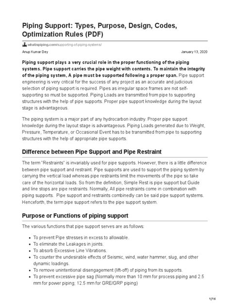 Piping Support Types Purpose Design Codes Optimization Rules Pdf Pdf