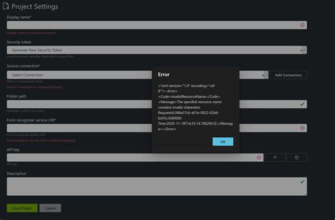 Received InvalidResourceName When Creating New Project Issue Microsoft OCR Form Tools