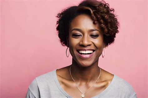 Premium AI Image Close Up Portrait Of Happy Female She Laughs Joyfully Closes Her Eyes And