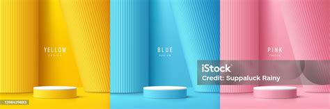 노란색 파란색 및 분홍색의 수직 기둥 배경이있는 사실적인 3d 실린더 받침대 세트 추상 벡터 렌더링 기하학적 형태 모형 제품 표시 파스텔 최소 장면 쇼케이스 무대 0명에