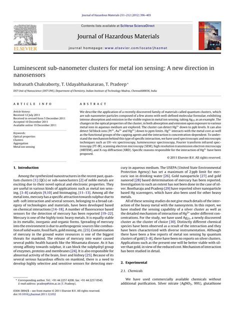 Pdf Luminescent Sub Nanometer Clusters For Metal Ion Sensing A New