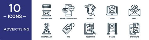 광고 개요 아이콘 세트에는 얇은 라인 프로모션 모바일 메일 태그 스탠드 브로셔 보고서 프리젠 테이션 다이어그램 웹 디자인을위한 방송 아이콘이 포함됩니다 0명에 대한 스톡