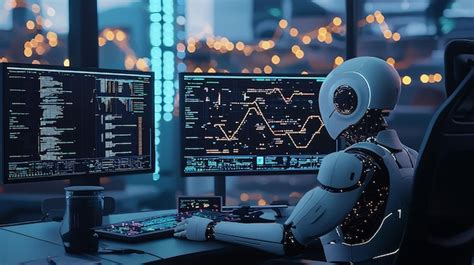 title futuristic ai robot analyzing complex data on multiple screens