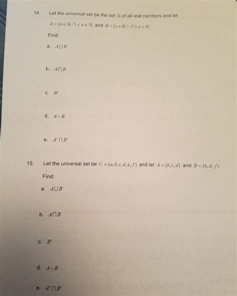 solved let the universal set be the set r of all real