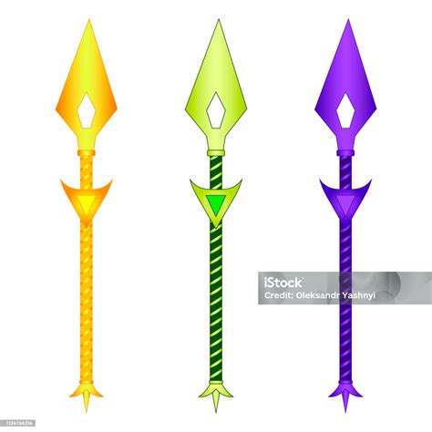 흰색 배경에 고립 된 스피어스의 컬렉션입니다 태양과 지구 달과의 관계 판타지 매직 무기입니다 디자인 게임 카드에 대 한 벡터 일러스트 레이 션 0명에 대한 스톡 벡터 아트