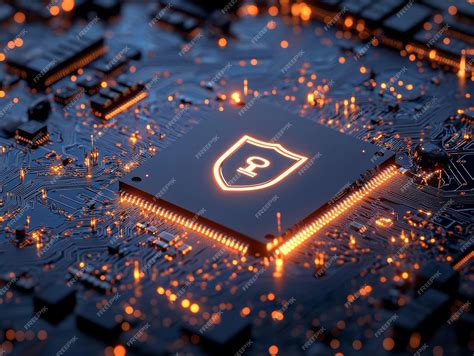 Close Up Of Cybersecurity Chip With Glowing Shield Emblem On Detailed