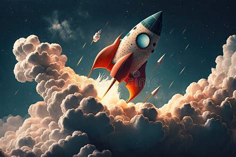 Rocket Taking Off Into The Sky With Clouds And Stars In The Background Stock Illustration