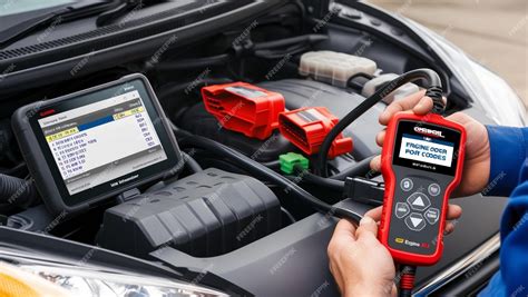Mechanic Diagnosing Car Engine with OBD Scanne | Premium AI-generated image
