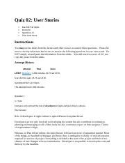 SSW CS 555 Quiz 2 Docx Quiz 02 User Stories Due Feb 9 At 10pm Points 50 Questions 11 Time