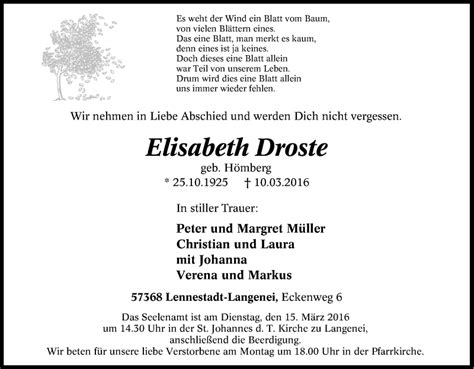 Traueranzeigen Von Elisabeth Droste Trauer In Nrw De