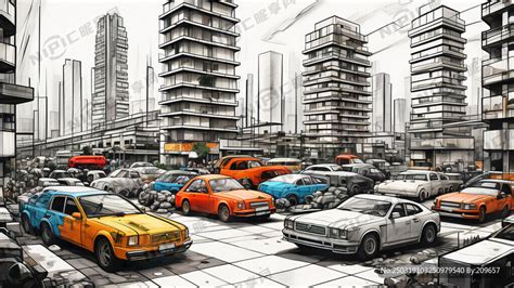 AI创作图高楼下的小区内杂乱无序的停有几辆简笔 彩色小汽车nipic com 昵图网