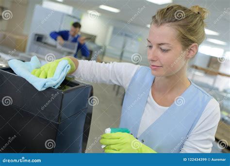 Female Worker Cleaning Ink Jet Printing Machine Stock Image Image Of Bottle Sanitary