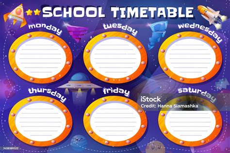 하늘에 우주 행성과 로켓이 있는 만화 어린이 학교 시간표 0명에 대한 스톡 벡터 아트 및 기타 이미지 0명 계획 공부