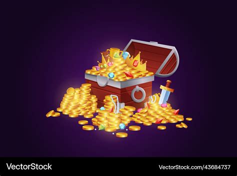 Treasure Box Chest With Gold Coins And Gems Heap Vector Image