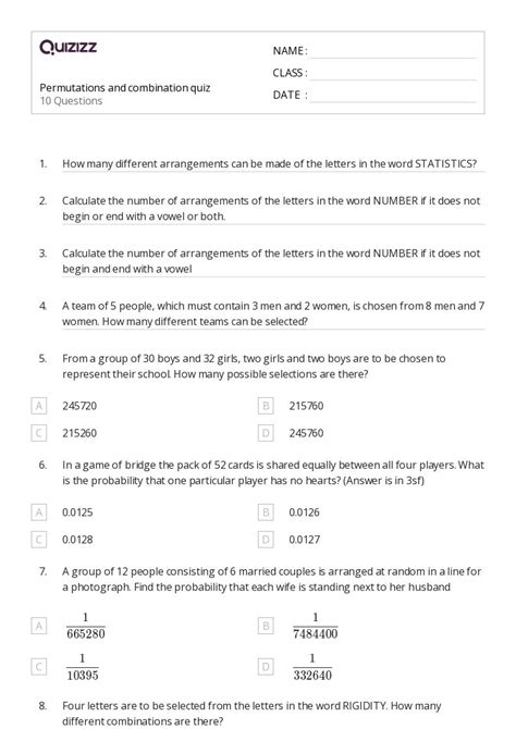 50 permutations worksheets for year 11 on quizizz free and printable