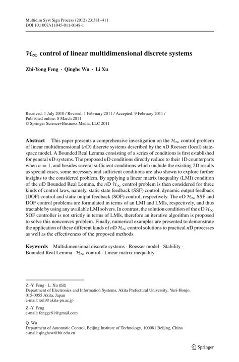 Pdf H Control Of Linear Multidimensional Discrete Systems