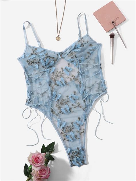 Butterfly Embroidery Sheer Mesh Teddy Bodysuit Teddy Bodysuit