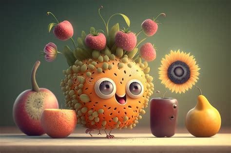 Art Pieces Of Very Cute Fruits And Flowers In A Fantasy Tiny Cartoon