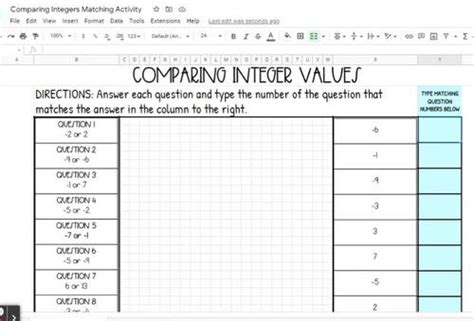 compare integer values matching activity digital printable tpt