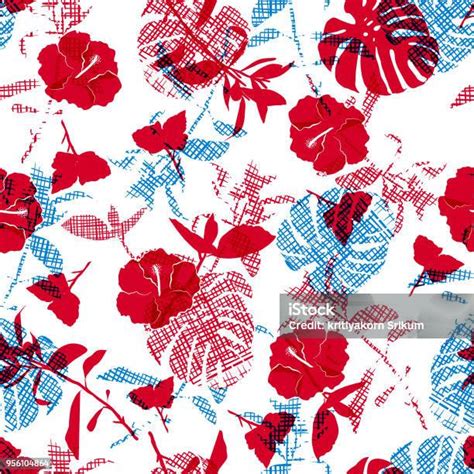 밝은 여름 실루엣 붉은 꽃과 식물 손 선 패션 직물에 대 한 나뭇잎 패턴 원활한 벡터의 형태로 스케치 귀여운에 대한 스톡 벡터 아트 및 기타 이미지 Istock