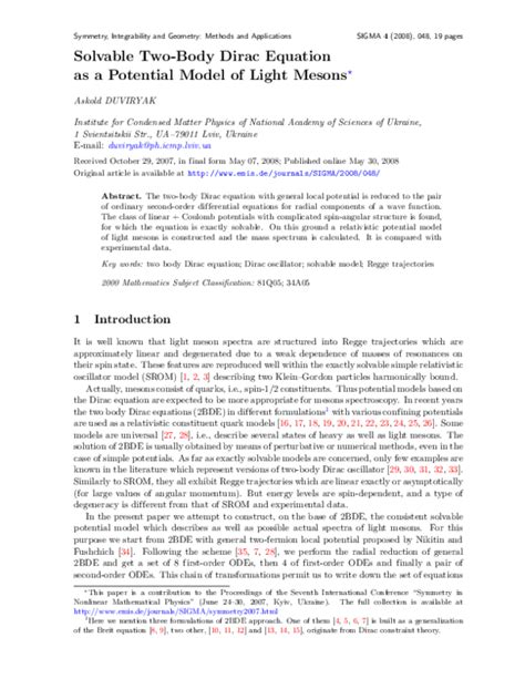 Pdf Solvable Two Body Dirac Equation As A Potential Model Of Light Mesons