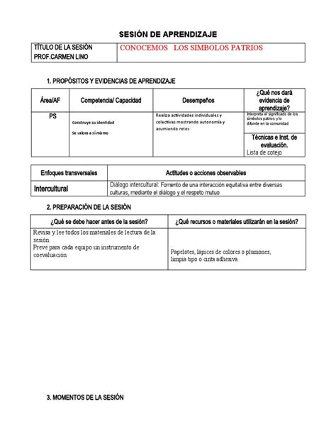 Conocemos Los Simbolos Patrios Sesión De Aprendizaje Pdf