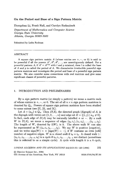 Pdf On The Period And Base Of A Sign Pattern Matrix