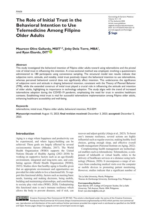 Pdf The Role Of Initial Trust In The Behavioral Intention To Use Telemedicine Among Filipino
