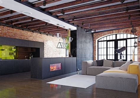 Interior Of Modern Loft Living Room With Brick Walls And Wooden Floor Stock Illustration