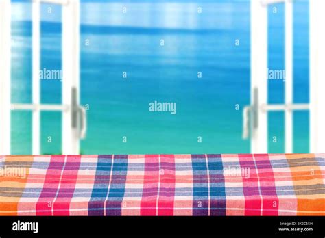 Empty Table Product Empty Wooden Table Covered With A Colorful Checkered Tablecloth Over