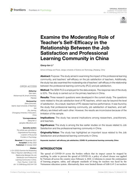 Pdf Examine The Moderating Role Of Teachers Self Efficacy In The Relationship Between The Job