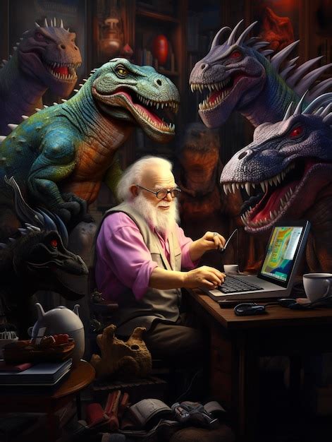 premium photo senior coder amidst dinosaur figures merging past and future tech