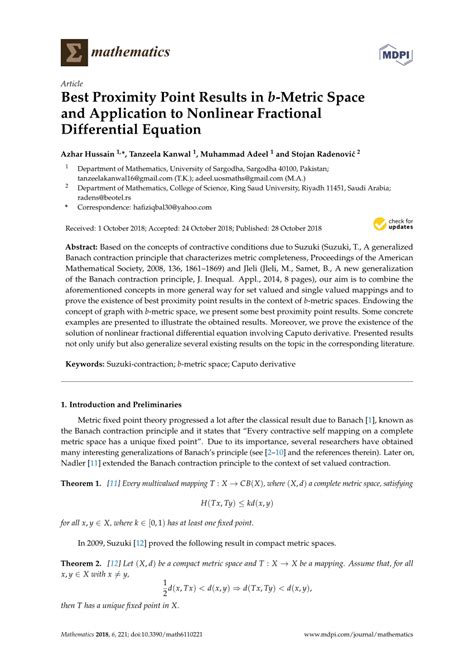 Pdf Best Proximity Point Results In B Metric Space And Application To Nonlinear Fractional