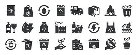 폐기물 글리프 솔리드 아이콘 컬렉션 재활용 생태학 쓰레기 환경을 포함합니다 Minimal Icon And Symbol Series Vector Illustration 최소