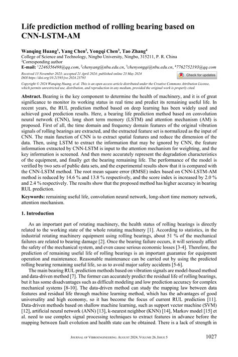 Pdf Life Prediction Method Of Rolling Bearing Based On Cnn Lstm Am