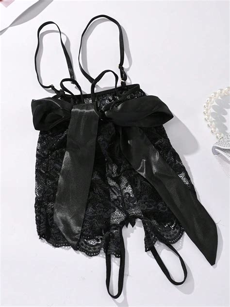 Sexy Lace Bow Knot Bodysuit With Hollow Out Design Sheer Material And