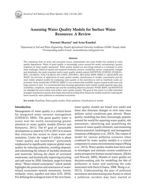 Pdf Assessing Water Quality Models For Surface Water Resources A Review