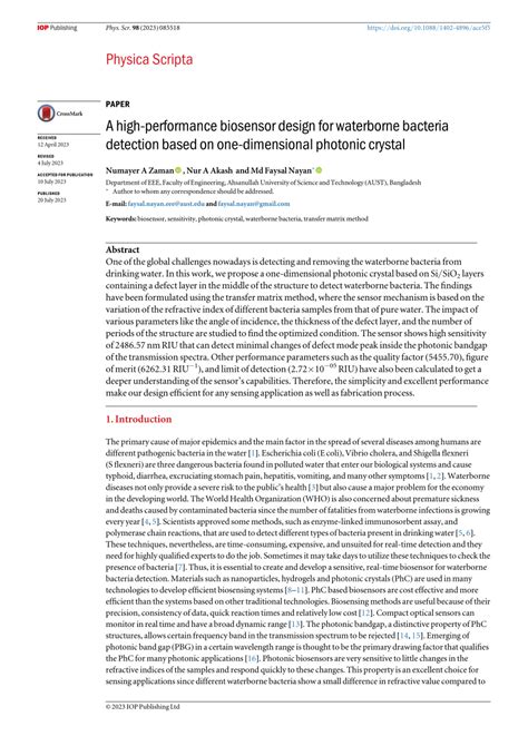 A High Performance Biosensor Design For Waterborne Bacteria Detection Based On One Dimensional
