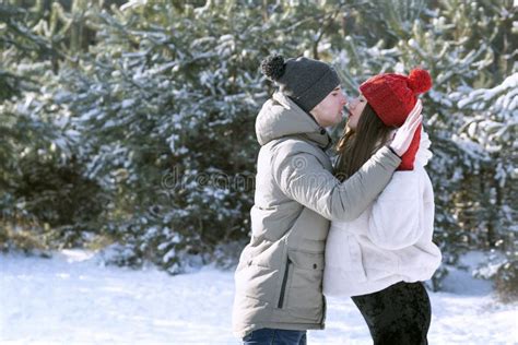 Guy Kissed His Girlfriend Young Couple In Love Has Fun In Winter