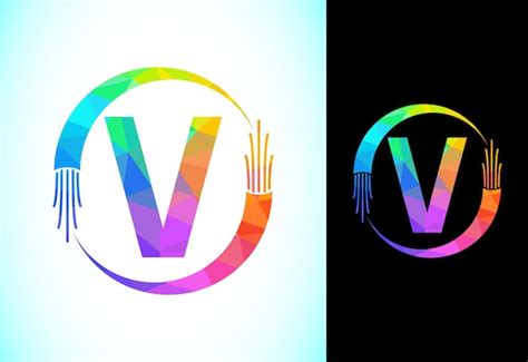 전선 및 광섬유 케이블이 있는 다각형 알파벳 V 낮은 폴리 그래픽 알파벳 기호 프리미엄 벡터