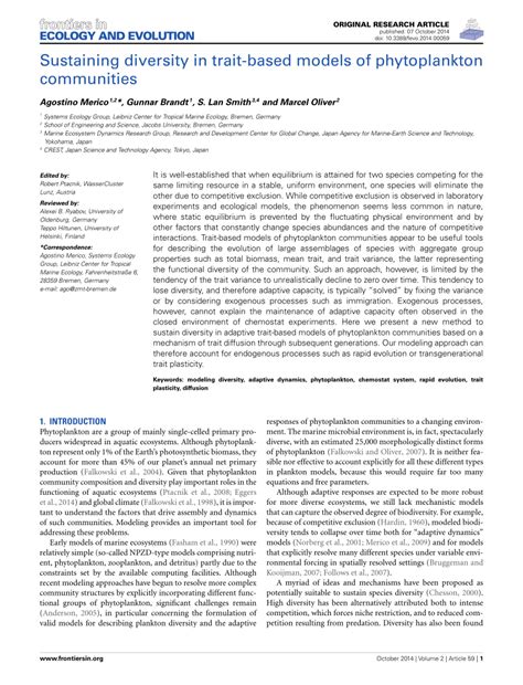 Pdf Sustaining Diversity In Trait Based Models Of Phytoplankton