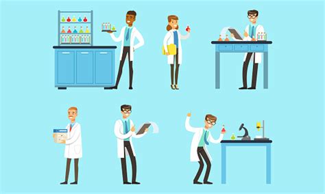 과학 실험실 세트에서 실험을하는 과학자 화학 실험실 만화 벡터 일러스트레이션에서 연구하는 남성과 여성 화학자 캐릭터 가공의 인물에 대한 스톡 벡터 아트 및 기타 이미지