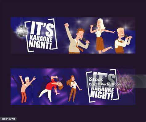 배너 벡터 일러스트의 바 세트로 가라오케 나이트입니다 노래방에서 노래하고 춤을 추는 사람들 여성과 남성은 마이크와 함께 연주