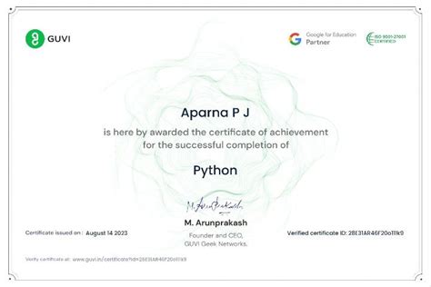 Aparna P J On Linkedin Just Completed Guvis Python Course