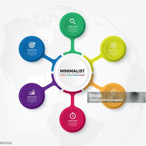 색상 원 정보 그래픽 디자인 템플릿 센터 서클이있는 정보 그래프 6 요소 그래픽 차트 다이어그램 아이콘이 있는 밝은 무지개 색의 비즈니스 타임라인 그래픽 디자인 0명에 대한