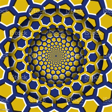 움직이는 노란색 파란색 육각형 패턴이있는 추상적 인 둥근 프레임 착시 최면 배경입니다 착시에 대한 스톡 벡터 아트 및 기타